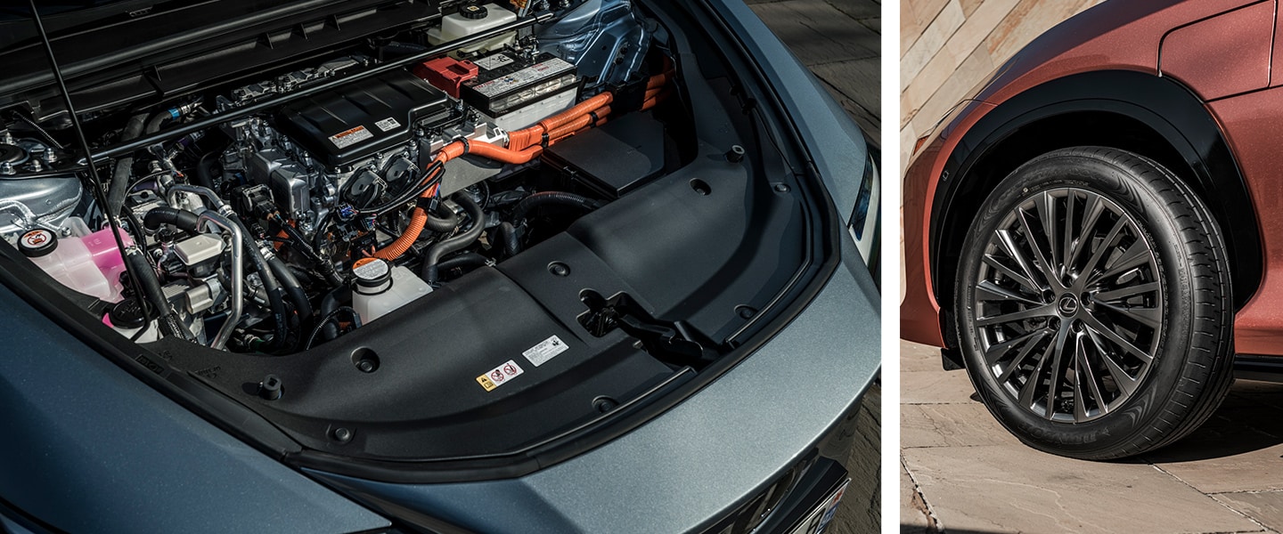 The wheel and engine of the Lexus RZ 450e